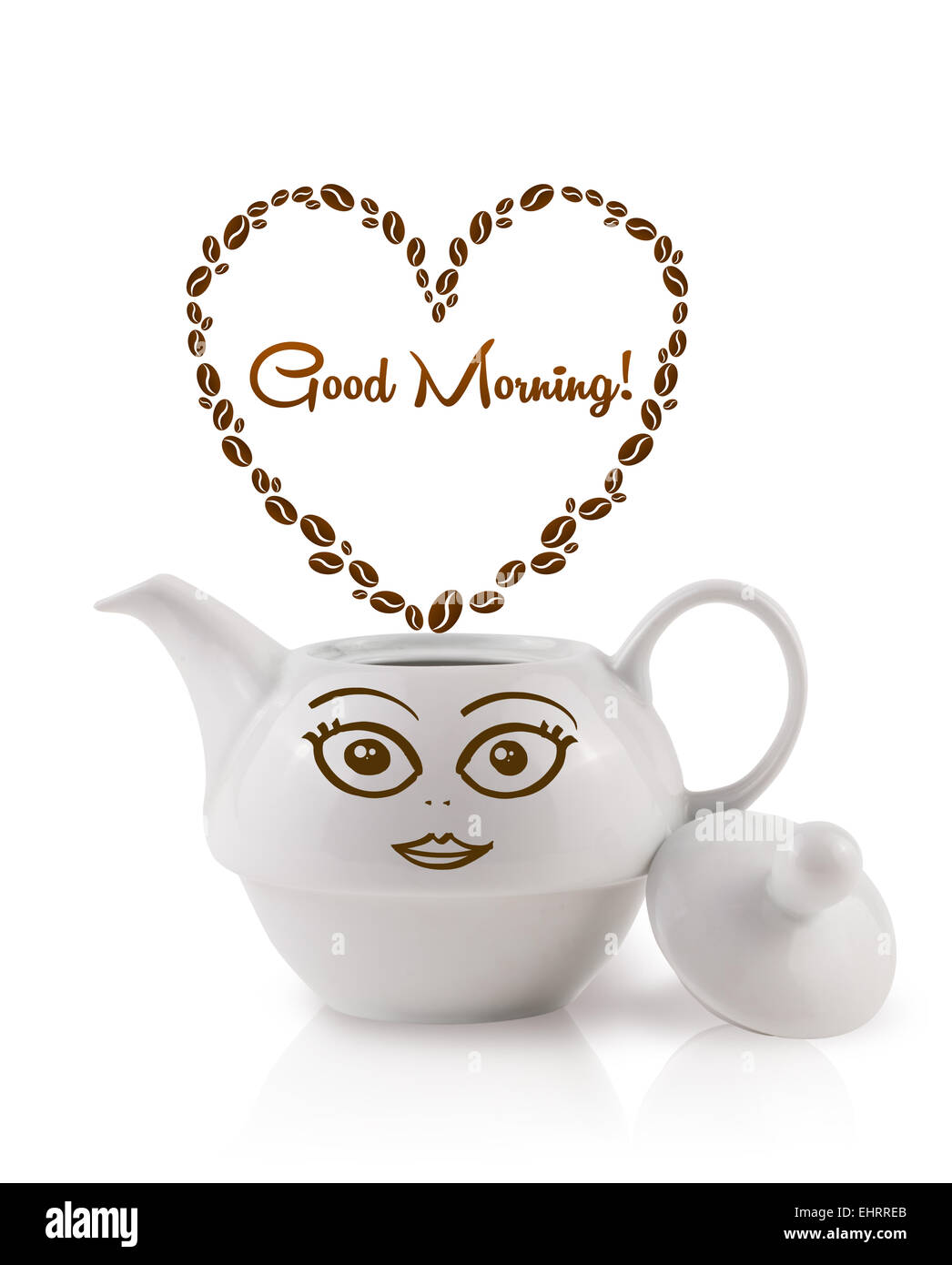 Coffee pot with coffee beans shaped heart with good morning sign Stock ...