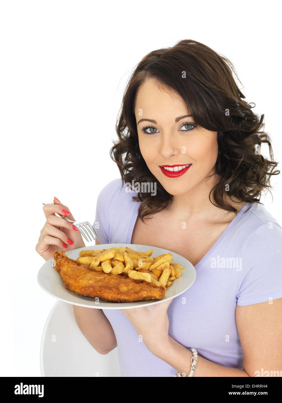 Positive Confident Young Woman Eating Traditional Chip Shop Takeaway ...