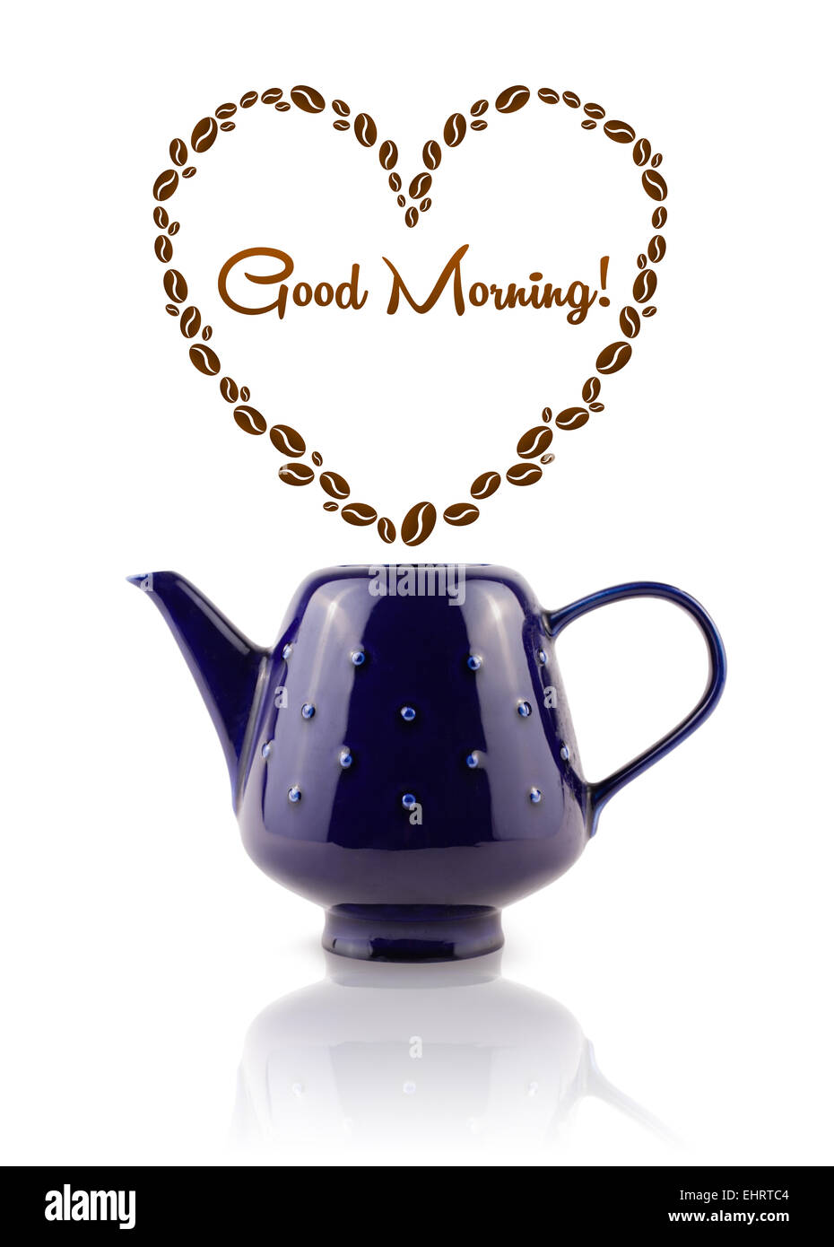 Coffee pot with coffee beans shaped heart with good morning sign Stock ...