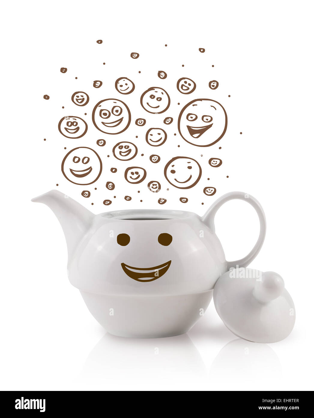 Coffee-pot with brown hand drawn happy smiley faces Stock Photo - Alamy