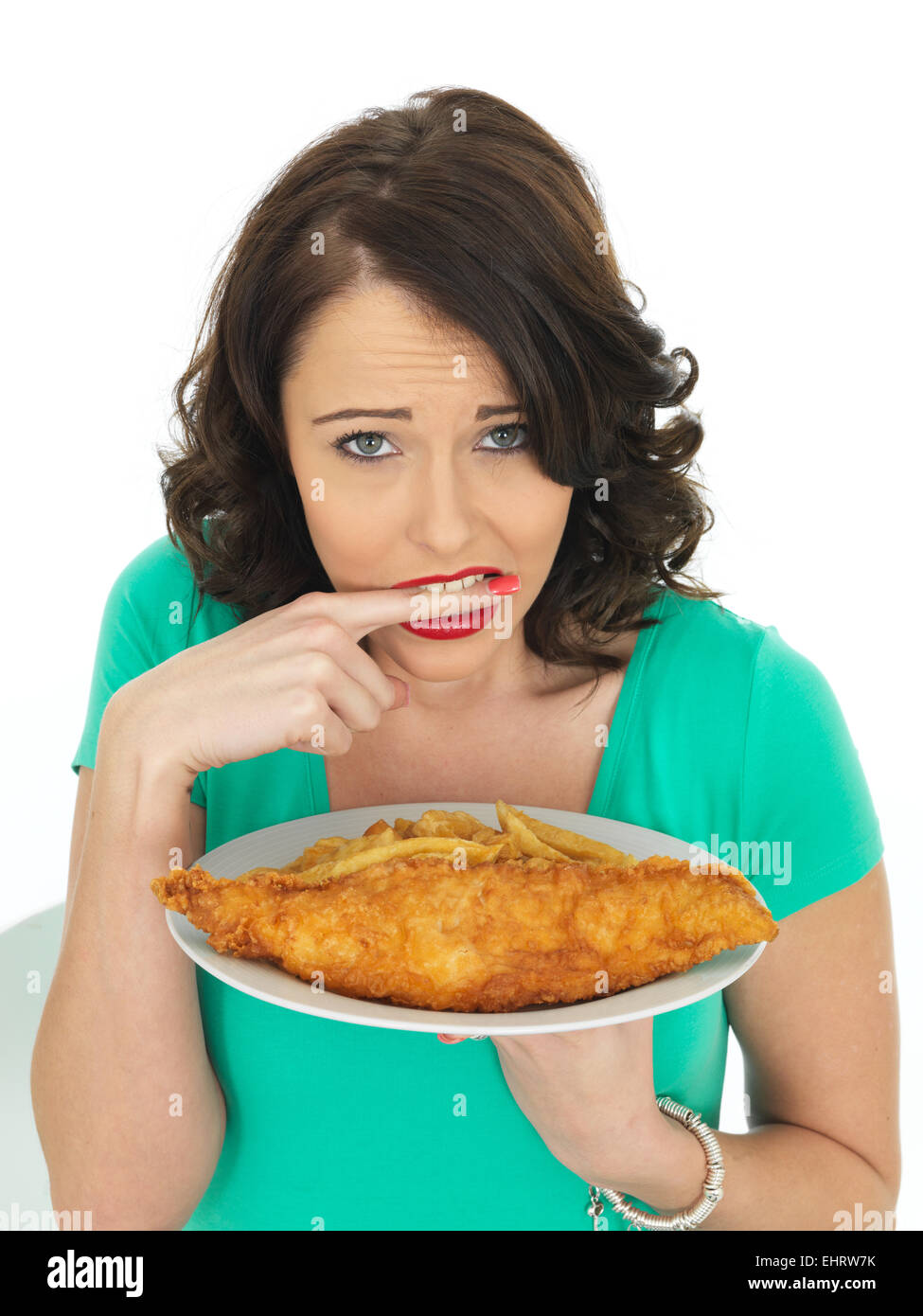 Positive Confident Young Woman Eating Traditional Chip Shop Takeaway ...