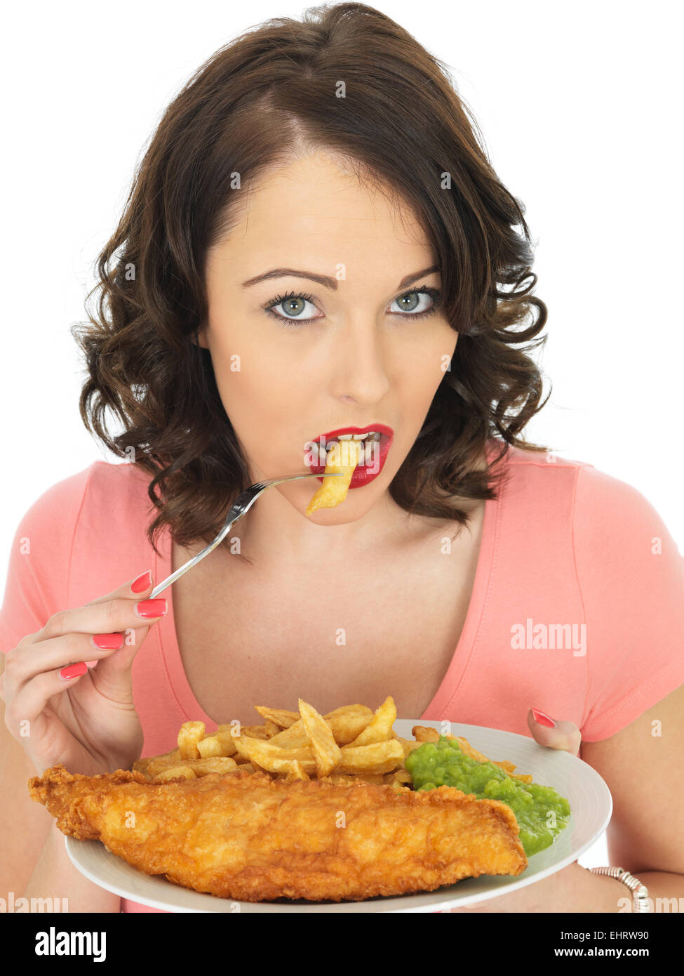 Positive Confident Young Woman Eating Traditional Chip Shop Takeaway ...