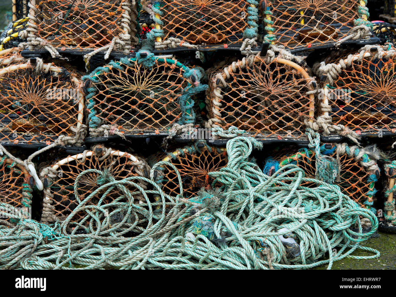 Stacked lobster fishing pots and ropes. Eyemouth, Berwickshire ...