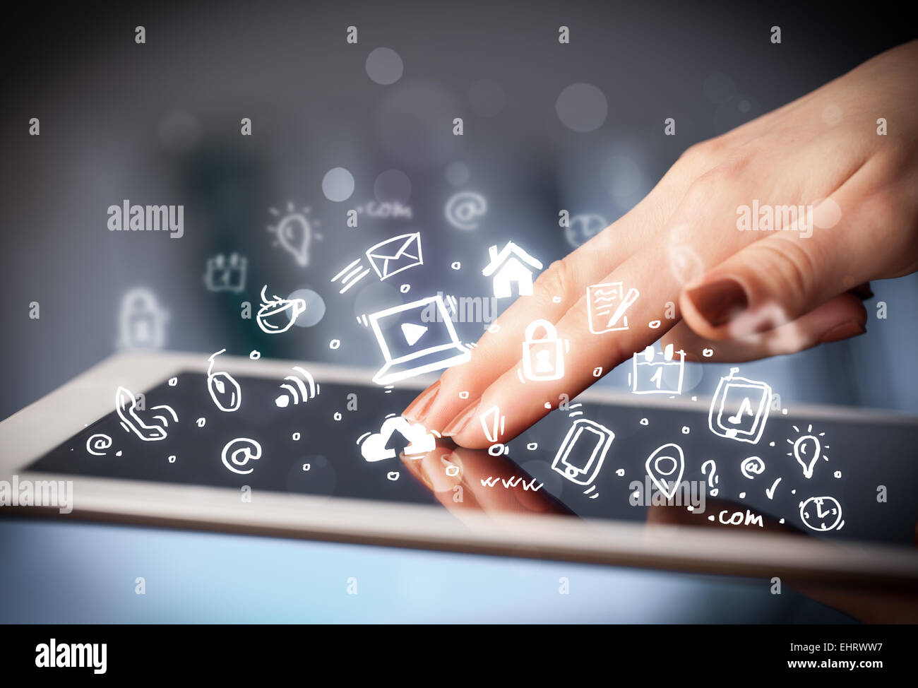 Finger pointing on tablet pc, social media concept Stock Photo - Alamy
