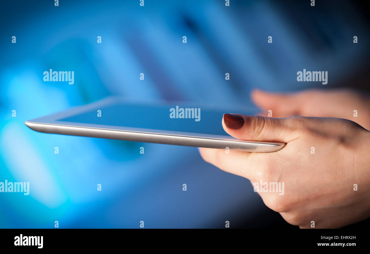 Finger pointing on tablet pc with empty space Stock Photo - Alamy