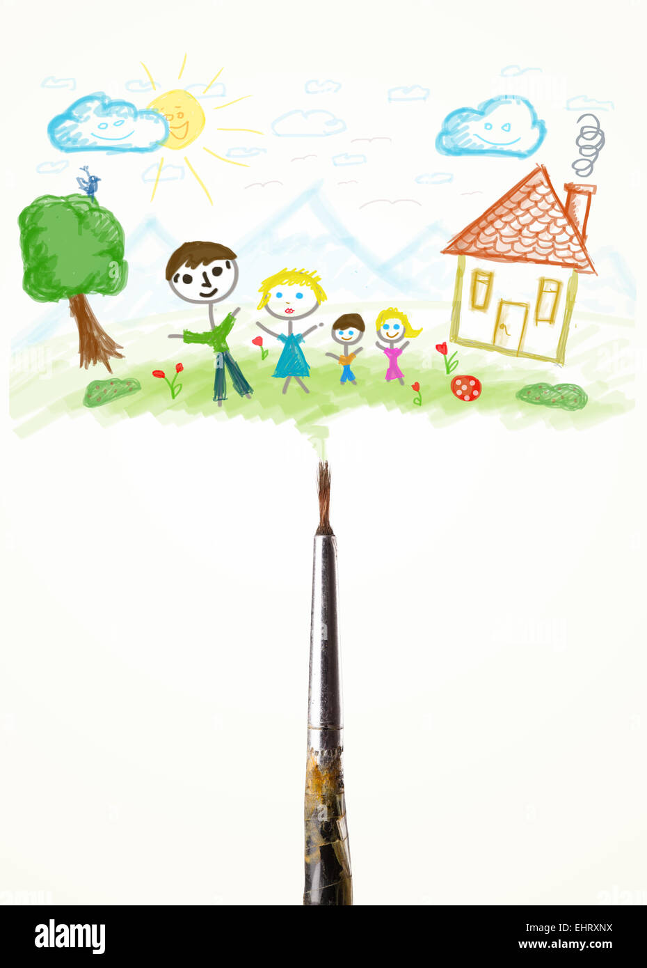 Brush close-up with a drawing of a family Stock Photo - Alamy