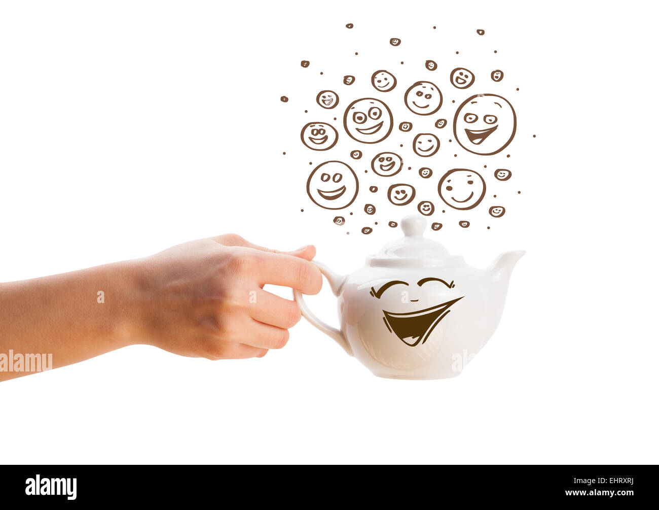 Coffee-pot with brown hand drawn happy smiley faces Stock Photo - Alamy