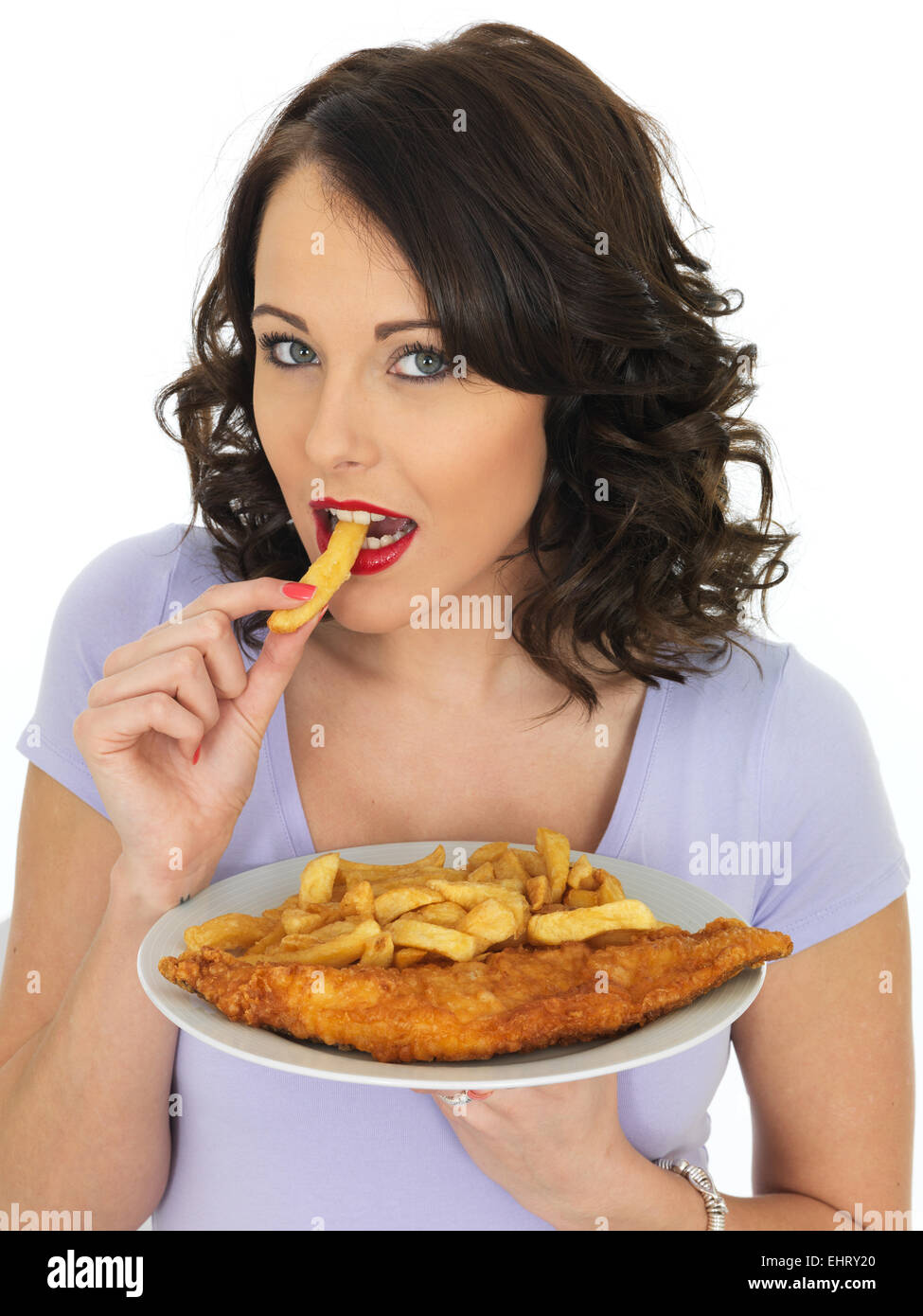 Positive Confident Young Woman Eating Traditional Chip Shop Takeaway ...