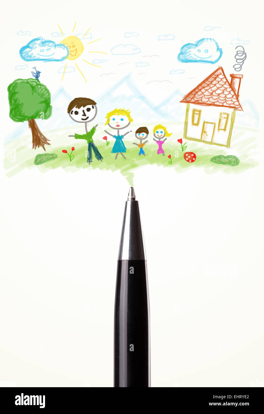 Pen close-up with a drawing of a family Stock Photo - Alamy