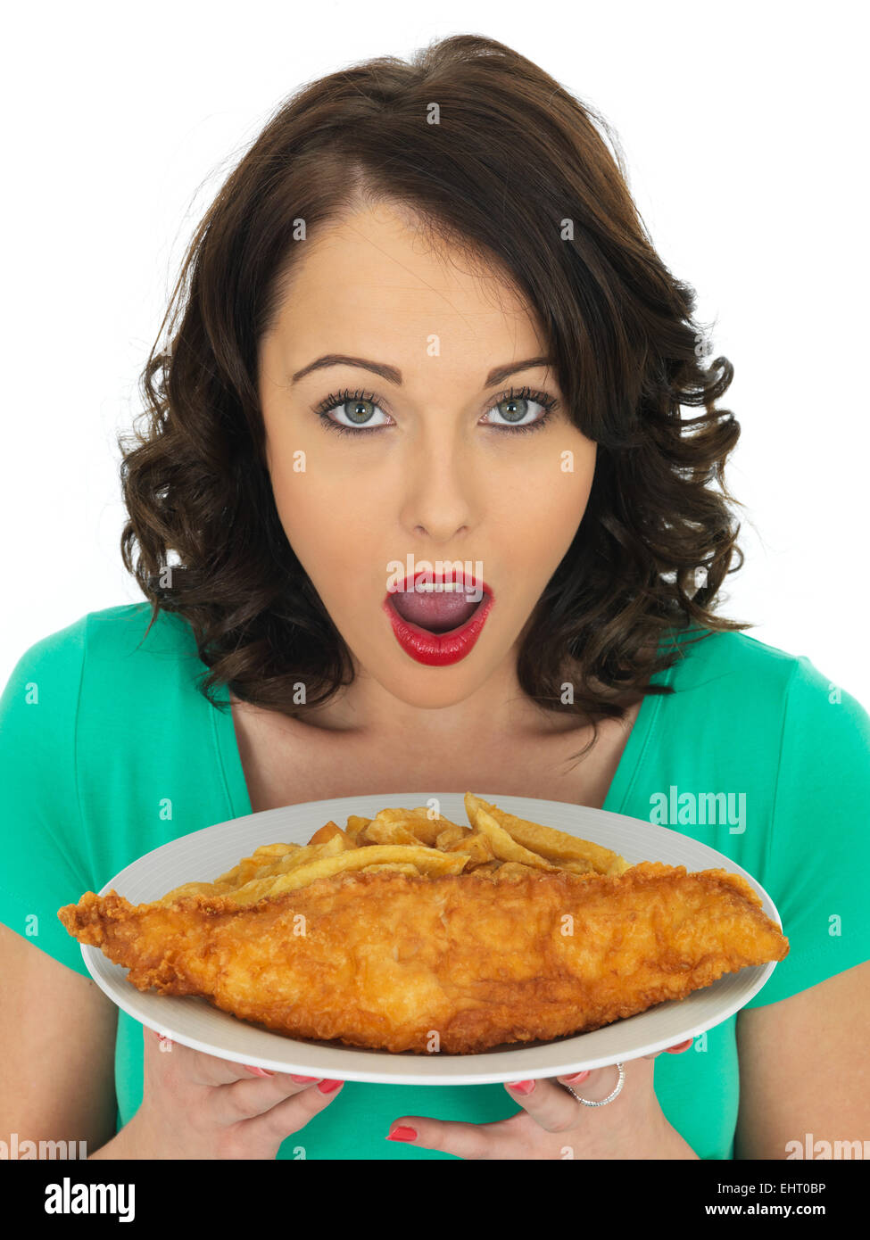 Positive Confident Young Woman Eating Traditional Chip Shop Takeaway ...
