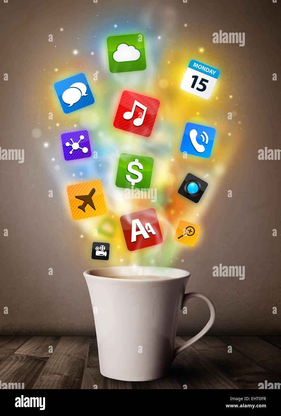 Coffee mug with colorful media icons Stock Photo - Alamy