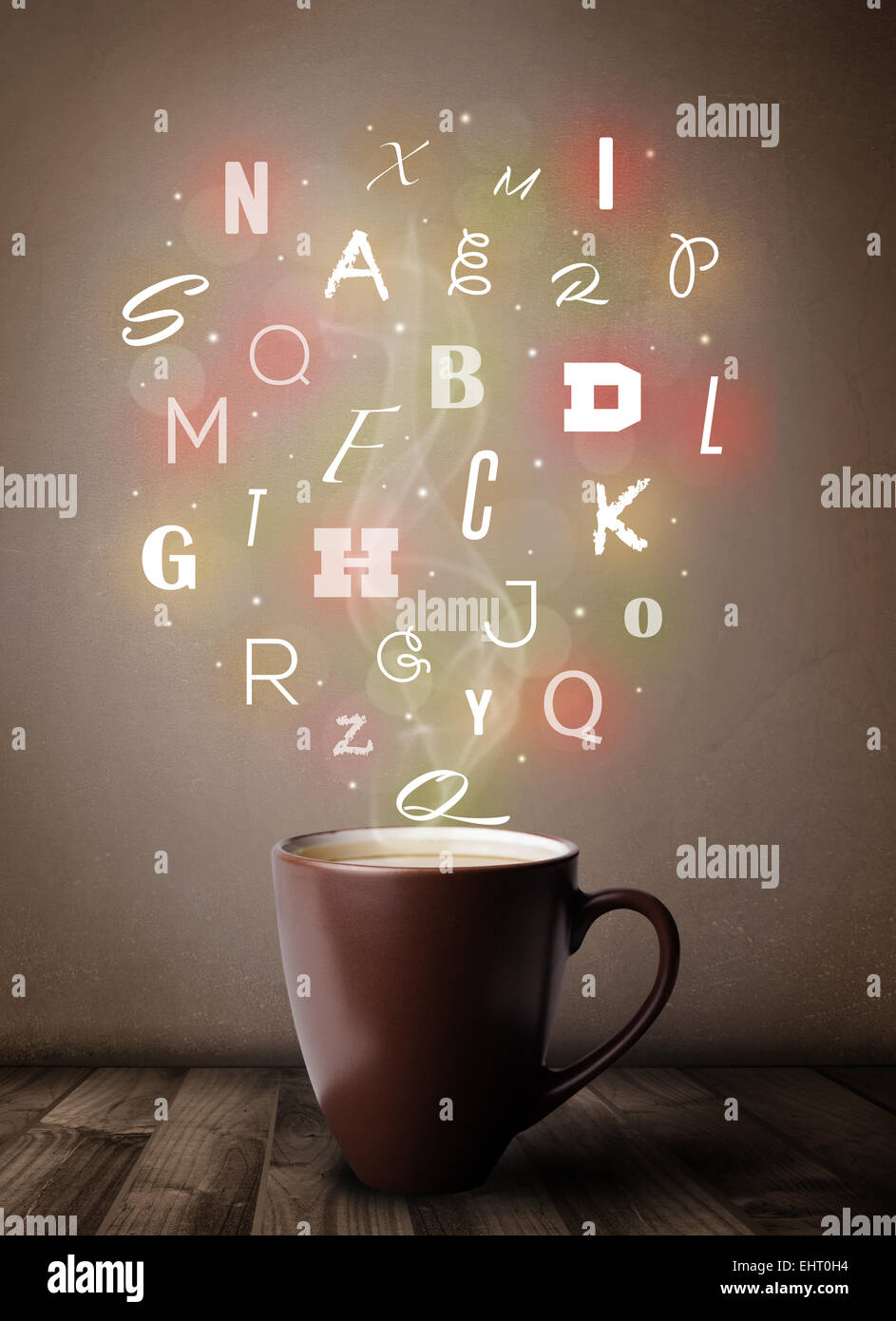 Coffee cup with colorful letters Stock Photo - Alamy