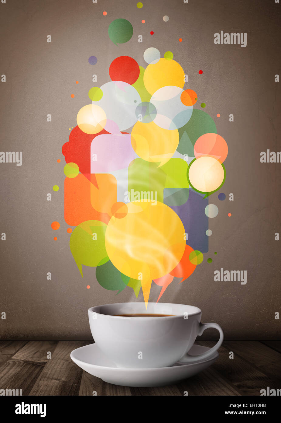 Tea cup with colorful speech bubbles Stock Photo - Alamy