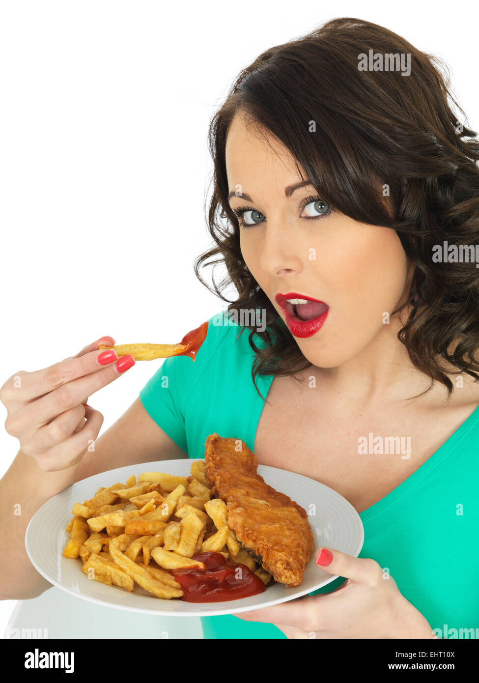 Positive Confident Young Woman Eating Traditional Chip Shop Takeaway ...