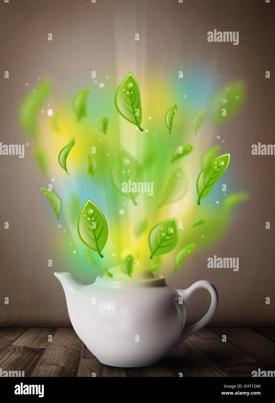 Tea pot with leaves and colorful abstract lights Stock Photo - Alamy