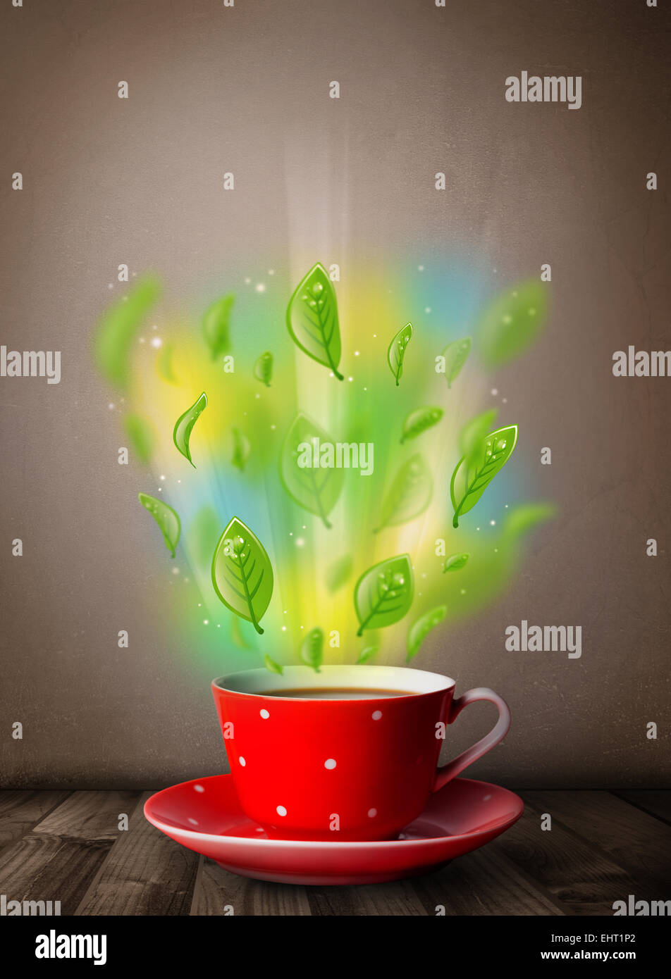 Tea cup with leaves and colorful abstract lights Stock Photo - Alamy