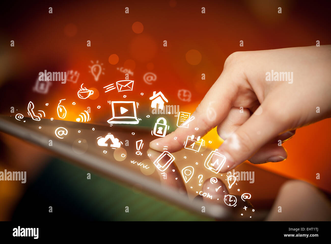 Finger pointing on tablet pc, social media concept Stock Photo - Alamy