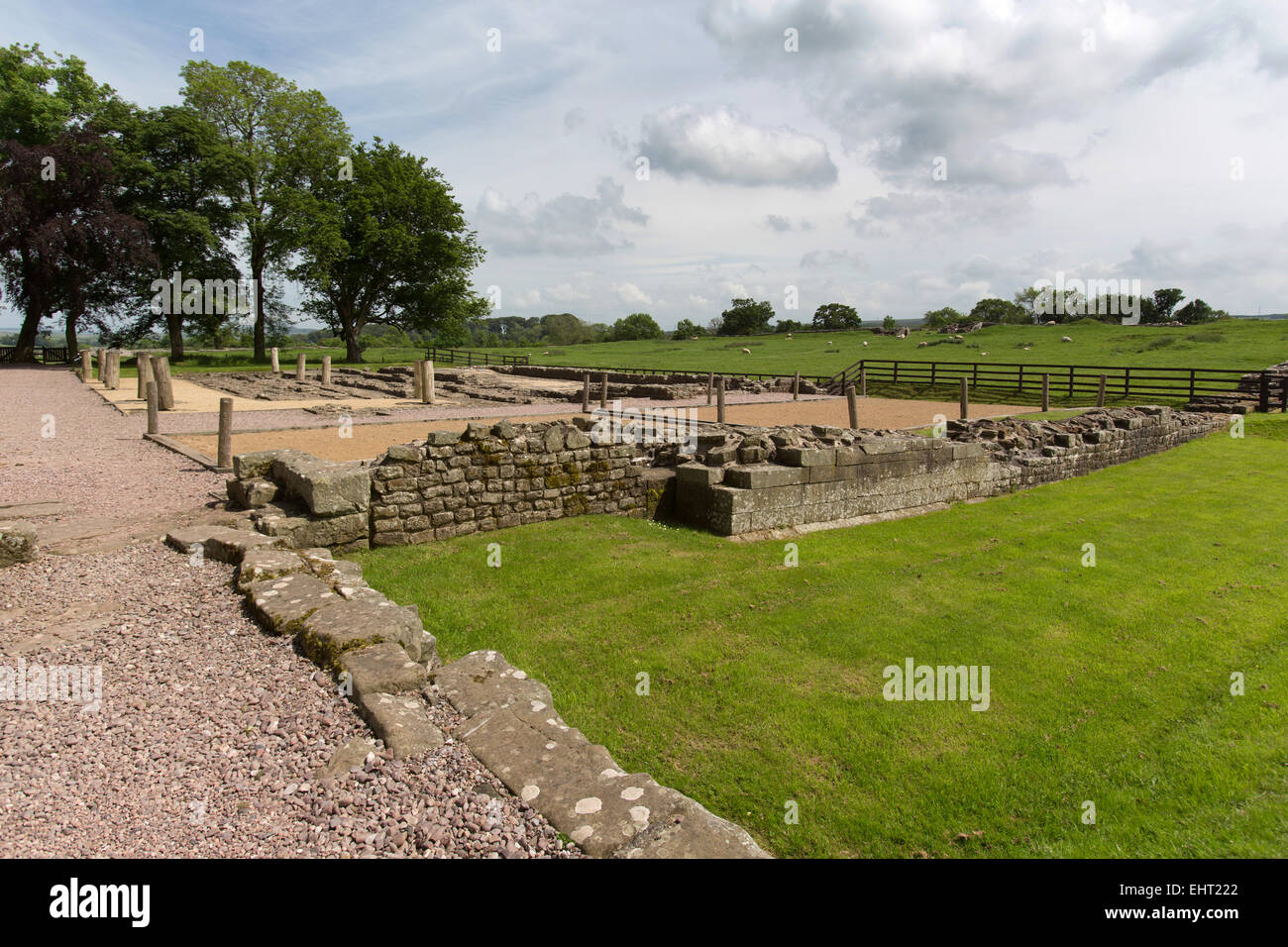 Picturesque view of Birdoswald Roman Fort building foundations and ...