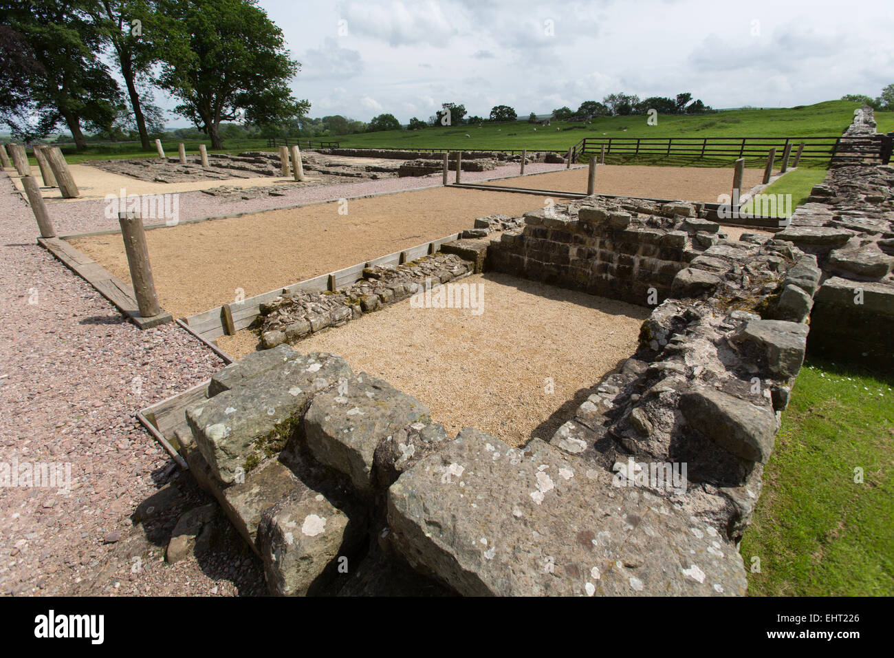 Picturesque view of Birdoswald Roman Fort building foundations and ...