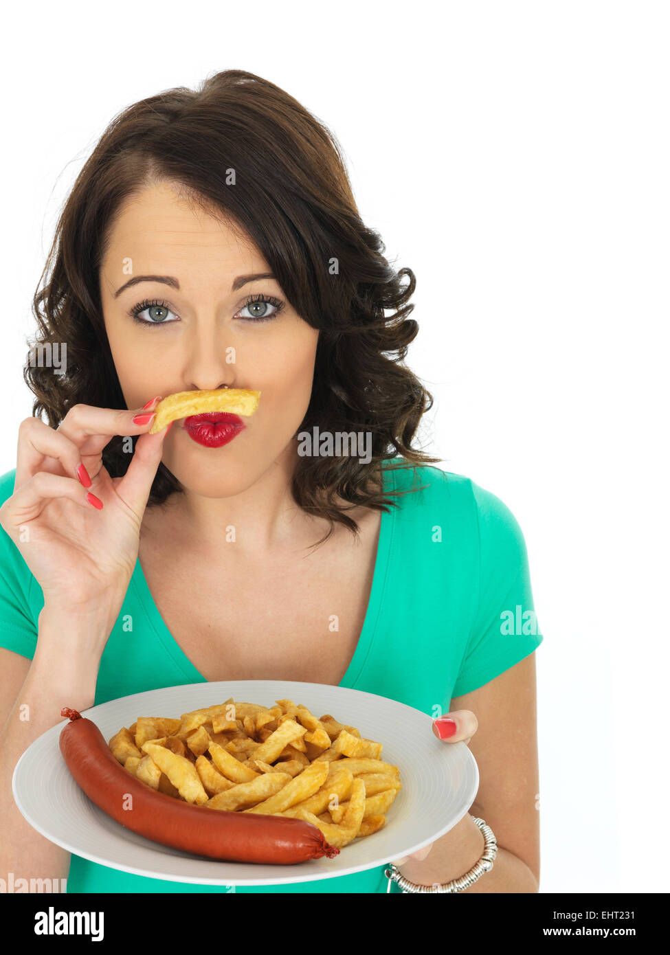 Confident Happy Young Woman Eating Authentic Chip Shop Takeaway Saveloy