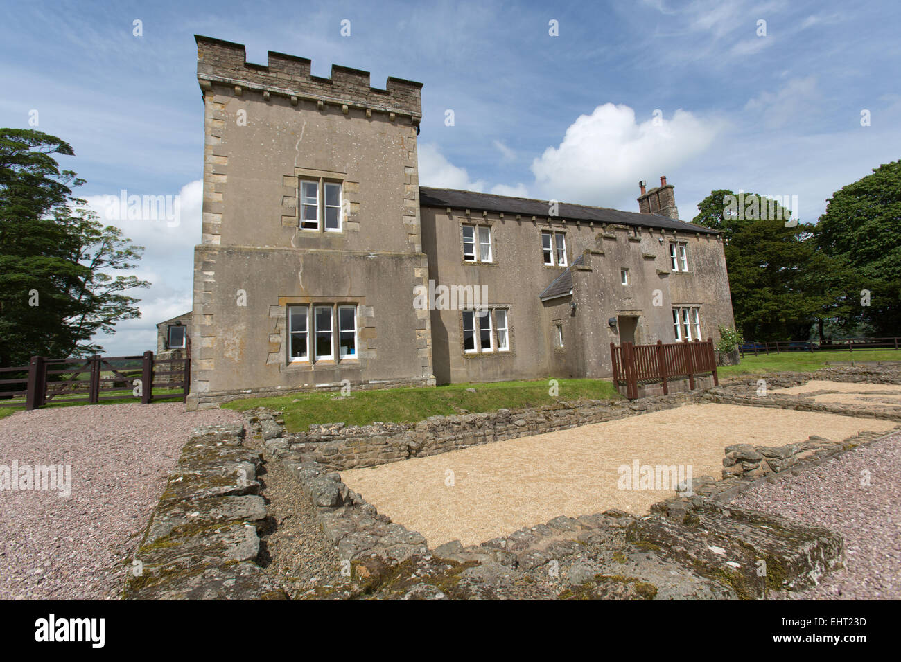 Picturesque view of Birdoswald Roman Fort building foundations and ...