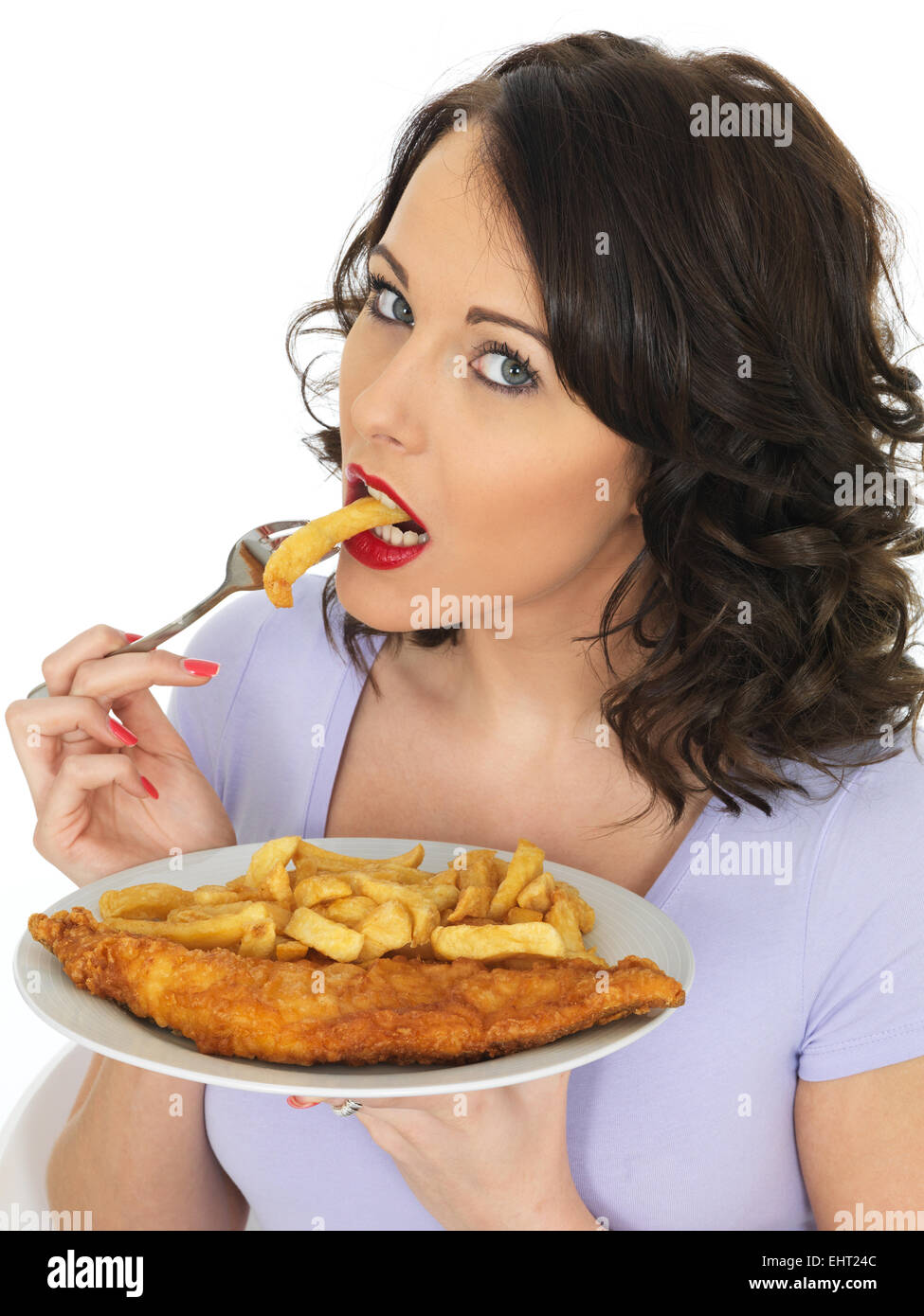Positive Confident Young Woman Eating Traditional Chip Shop Takeaway ...