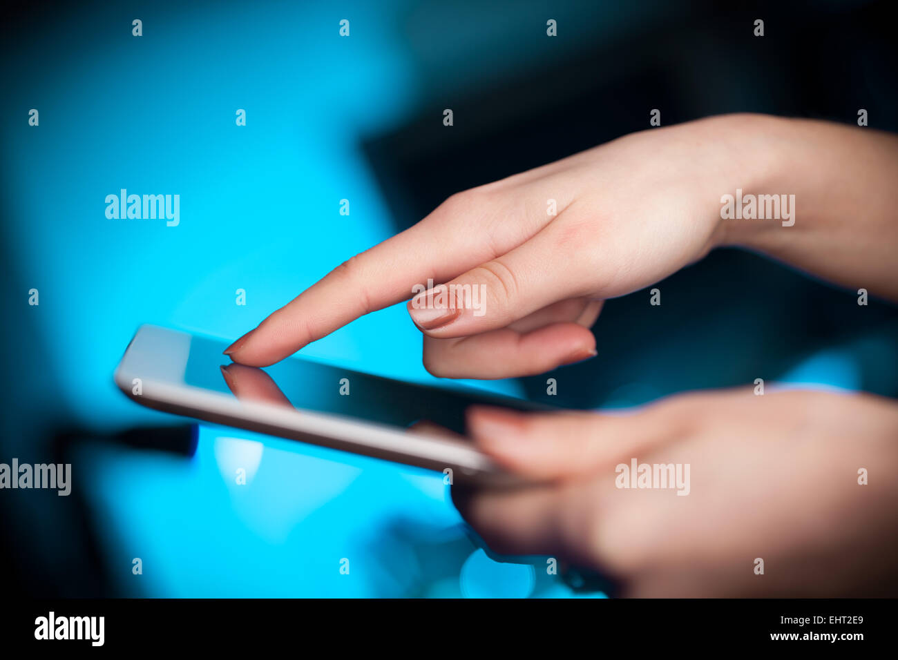 Finger pointing on tablet pc with empty space Stock Photo - Alamy