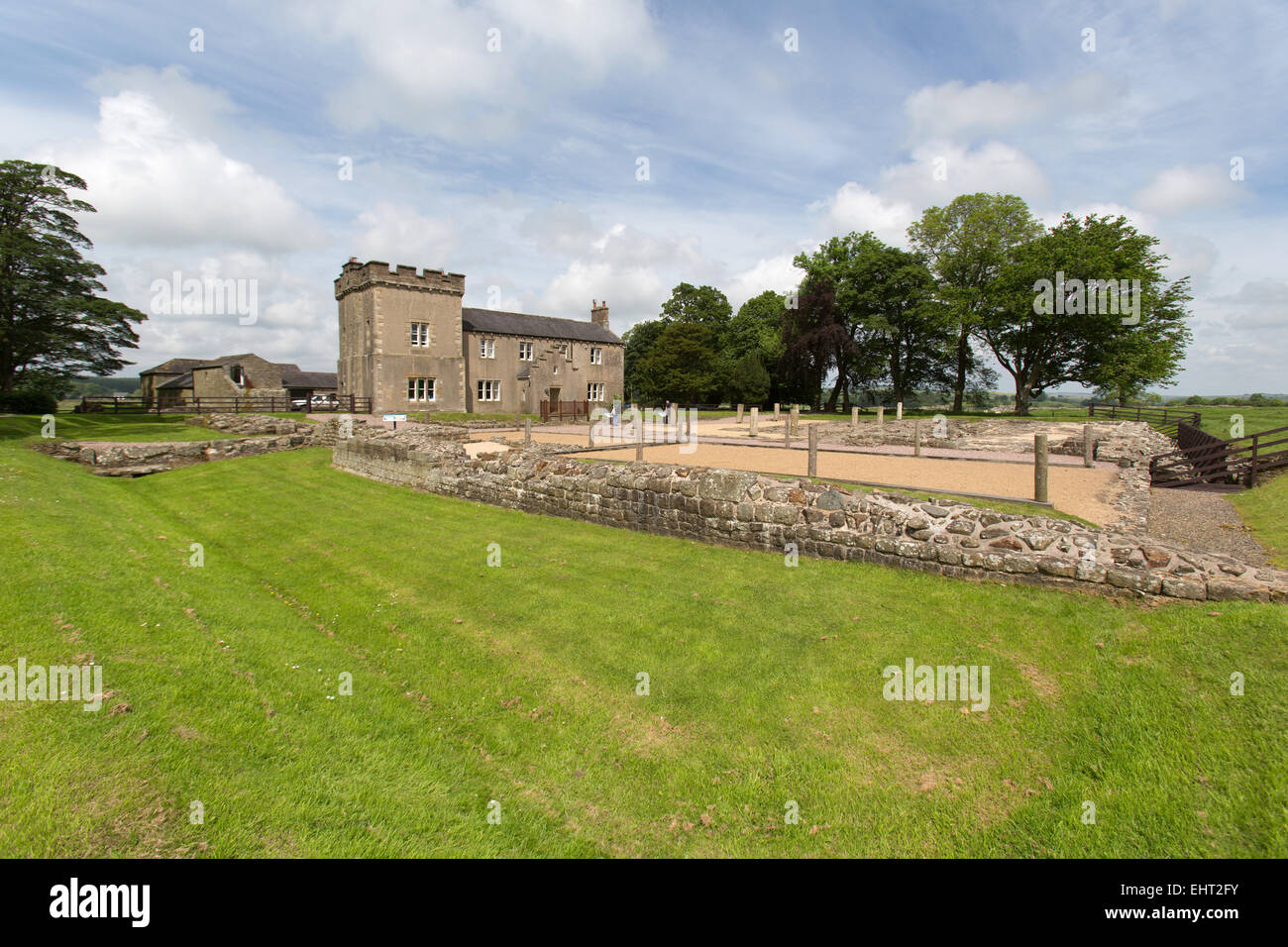 Picturesque view of Birdoswald Roman Fort building foundations and ...