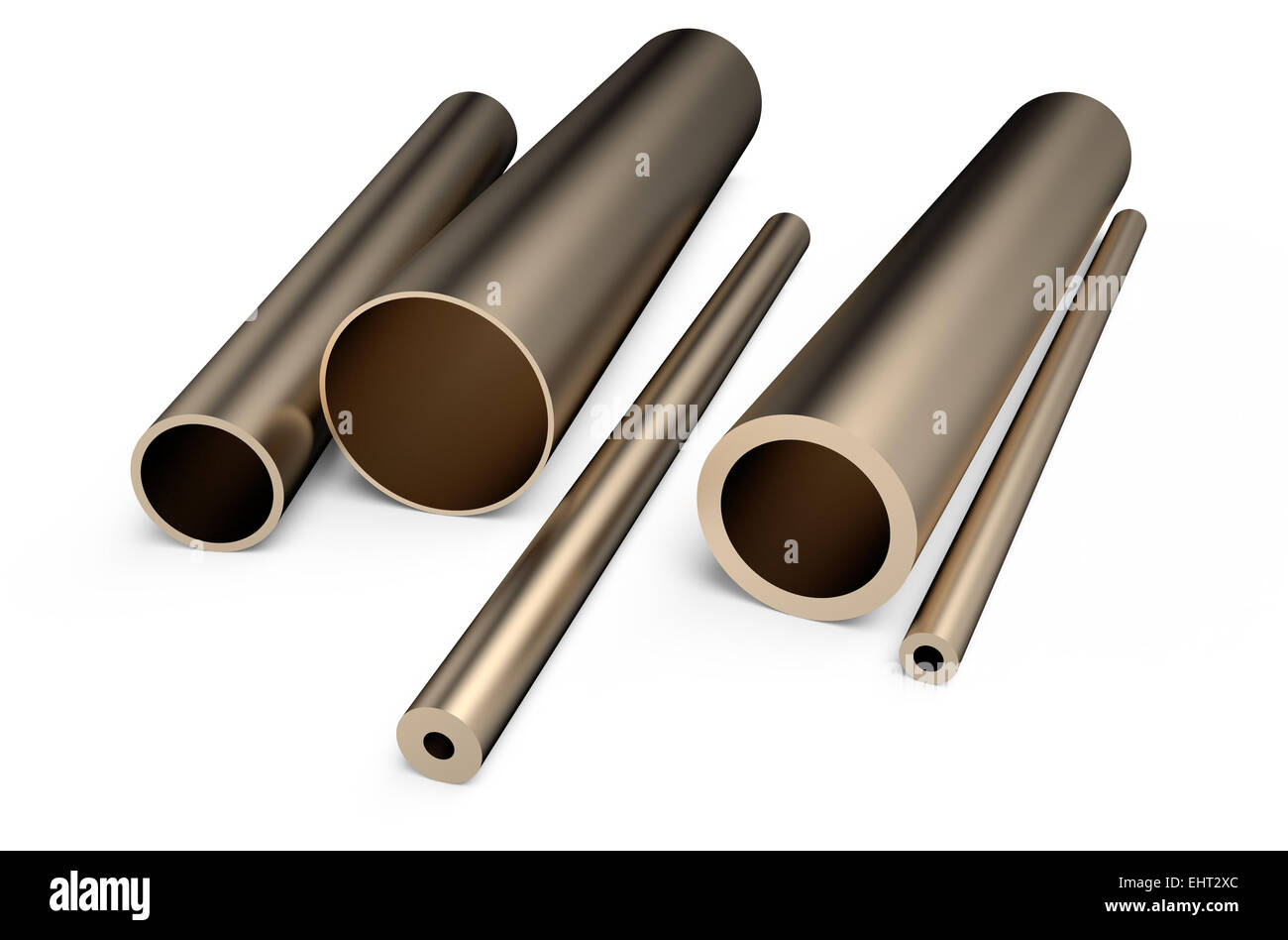 rolled metal, assortment of bronze pipes isolated on white background ...