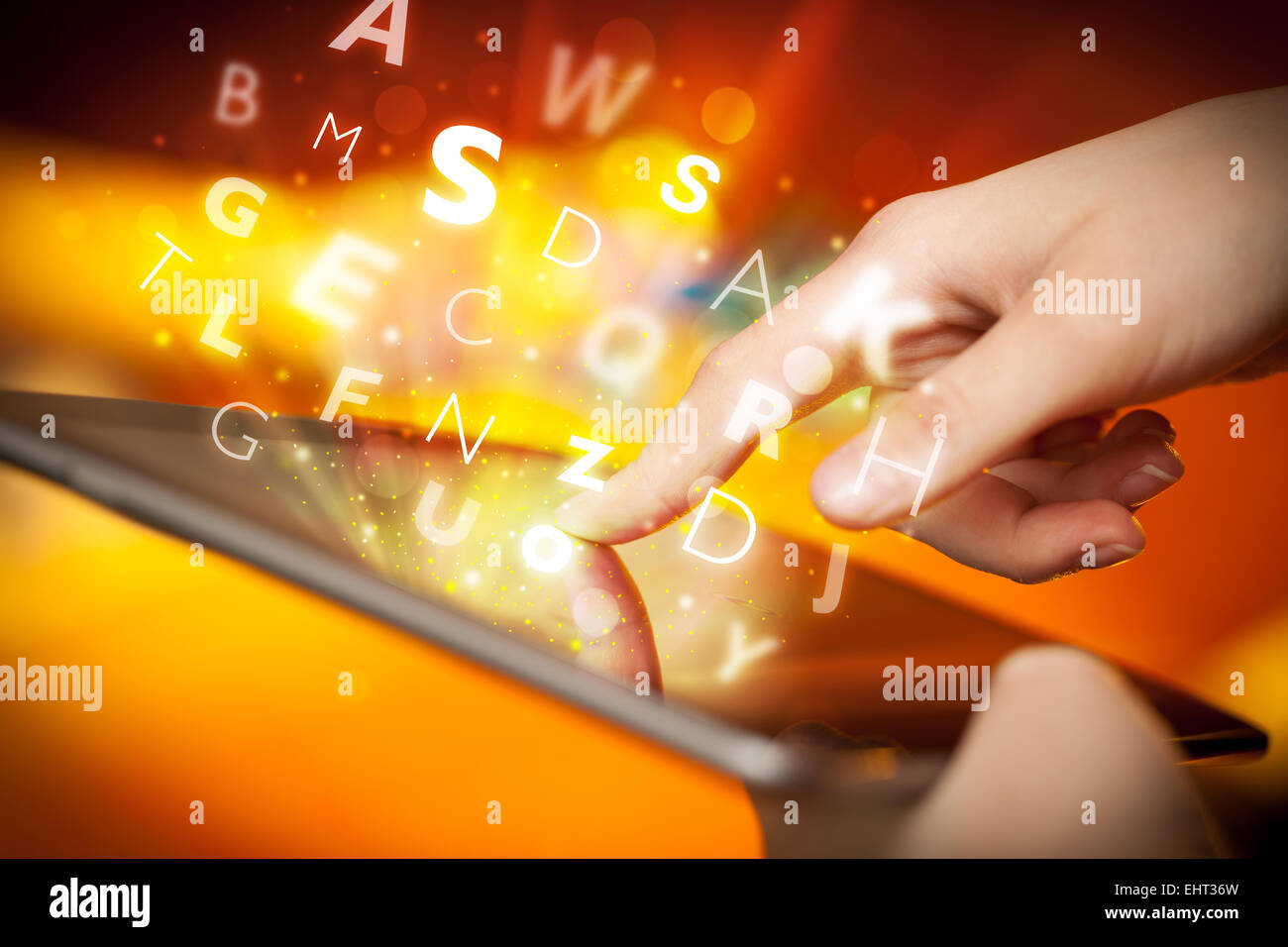 Finger pointing on tablet pc, letters concept Stock Photo - Alamy