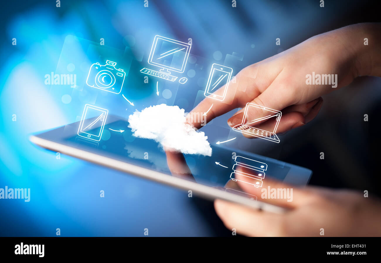 Finger pointing on tablet pc, mobile cloud concept Stock Photo - Alamy
