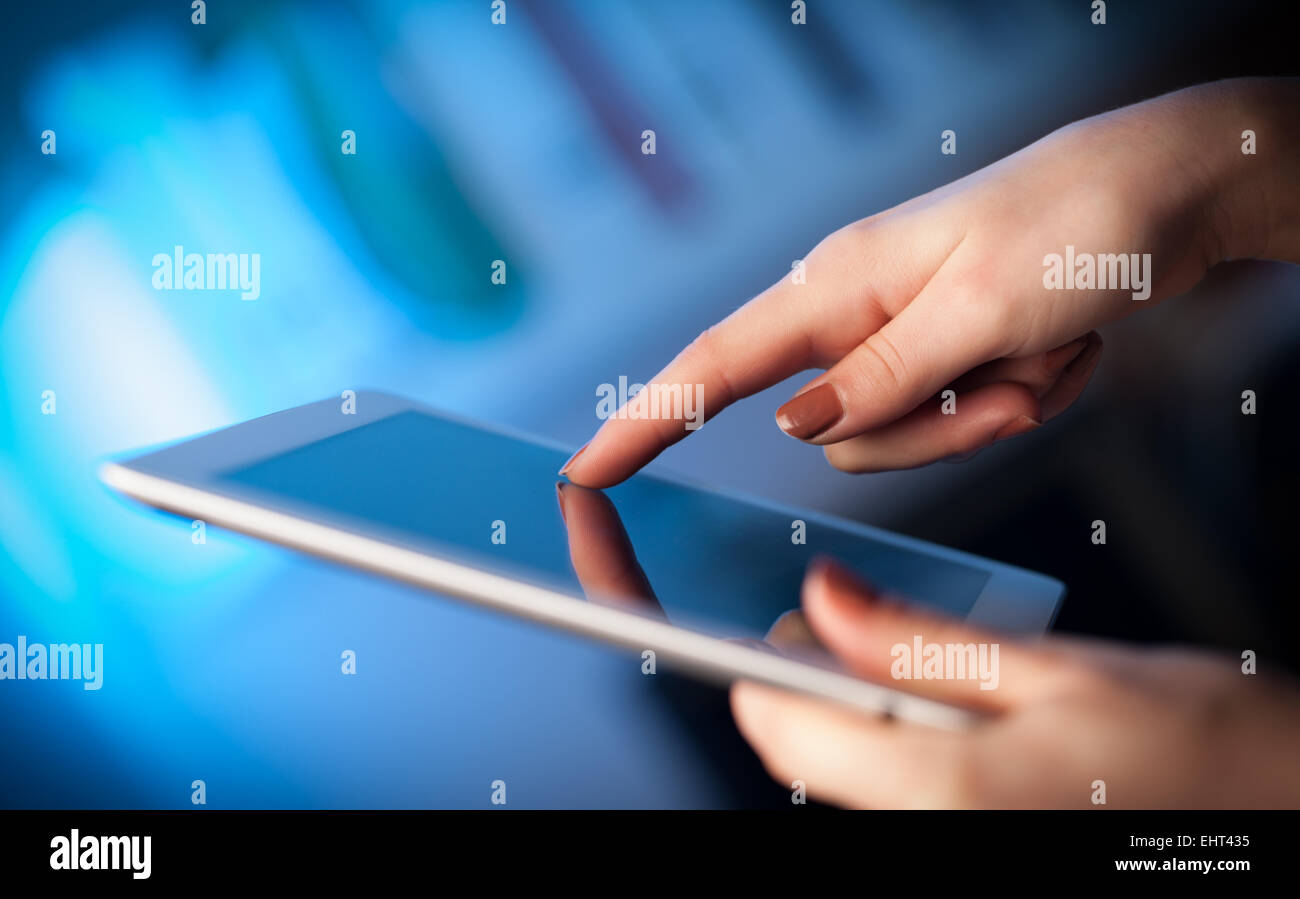 Finger pointing on tablet pc with empty space Stock Photo - Alamy