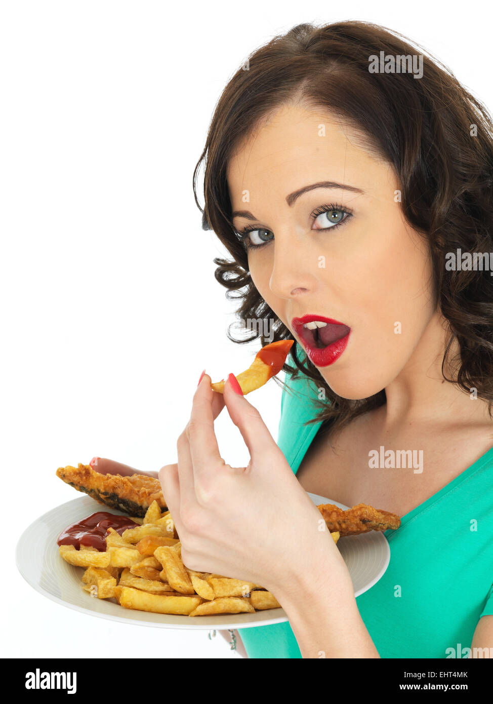 Positive Confident Young Woman Eating Traditional Chip Shop Takeaway ...