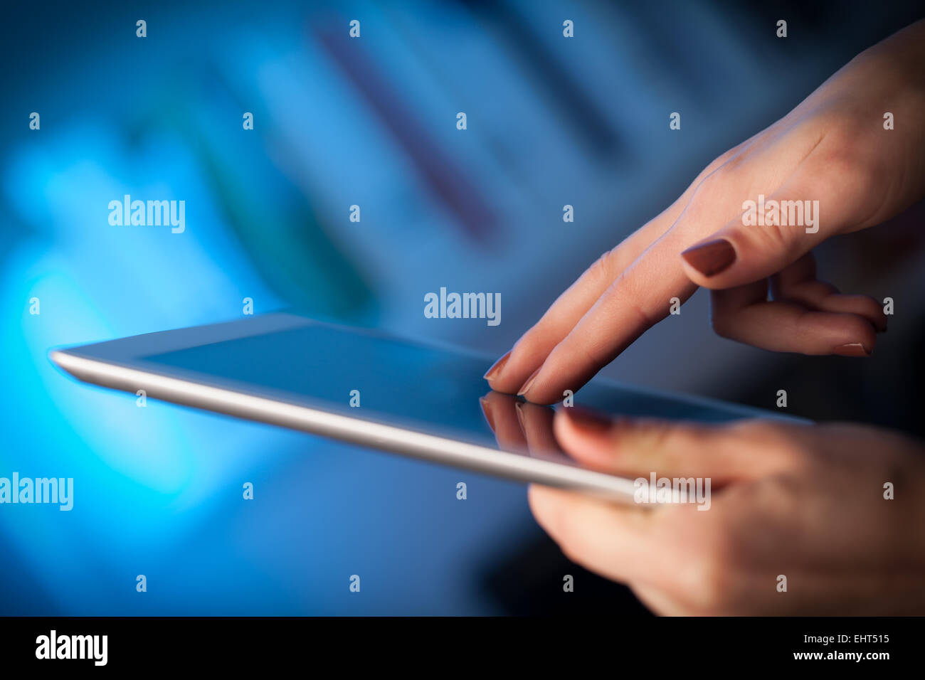 Finger pointing on tablet pc with empty space Stock Photo - Alamy