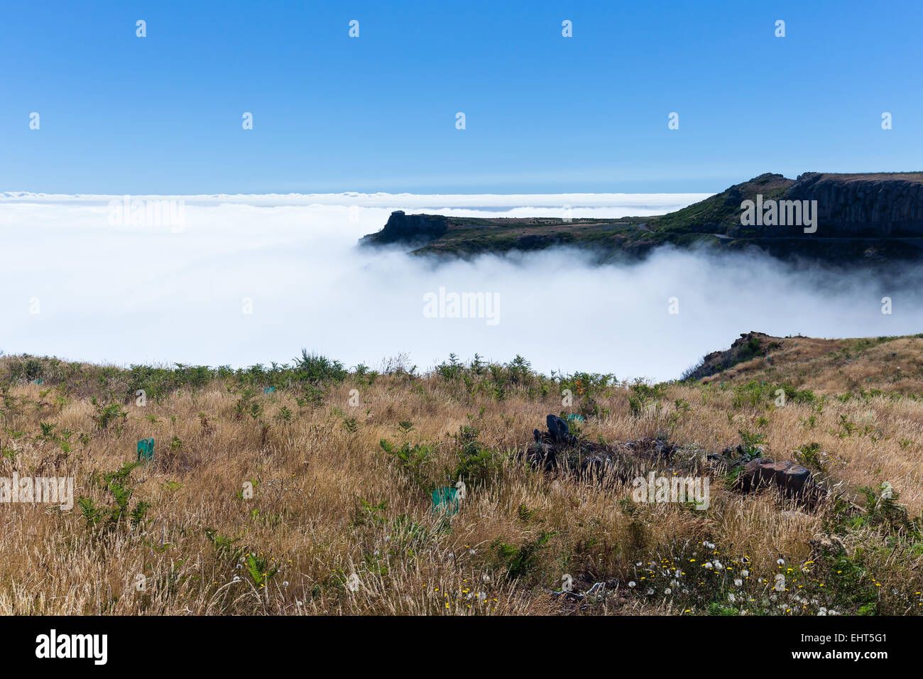 Aerial view form top of Madeira mountains with a cloud cover over the ...