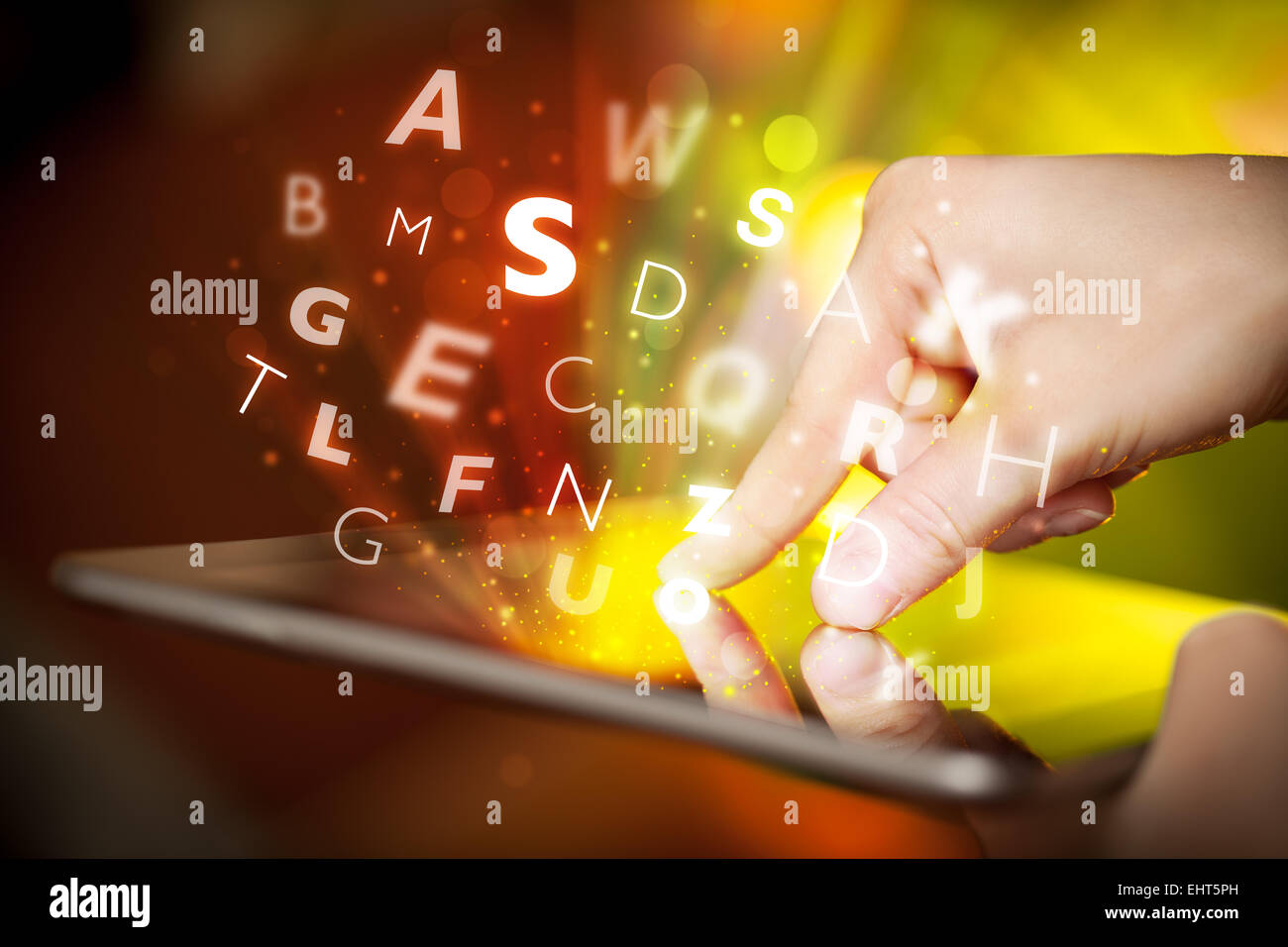 Finger pointing on tablet pc, letters concept Stock Photo - Alamy