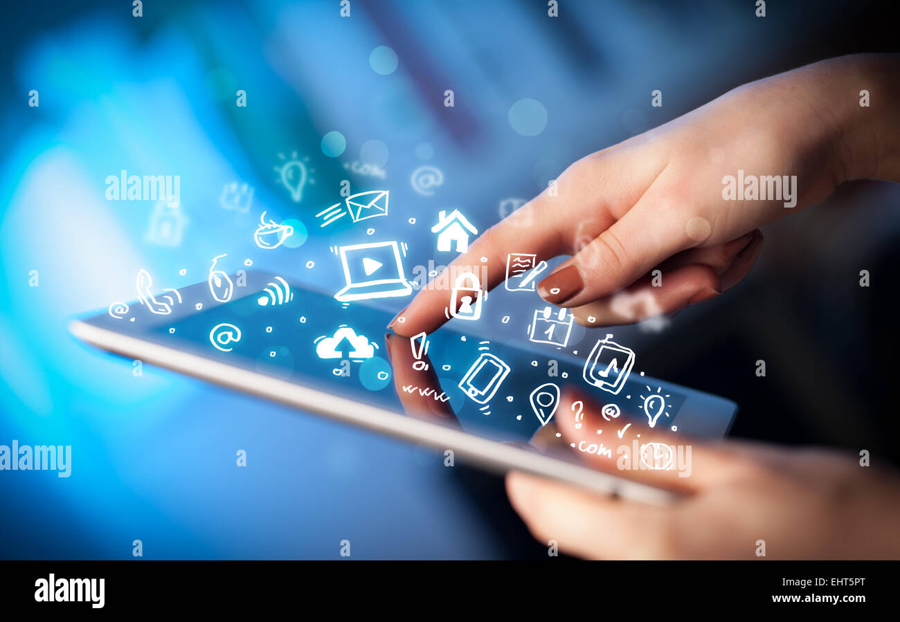Finger pointing on tablet pc, social media concept Stock Photo - Alamy