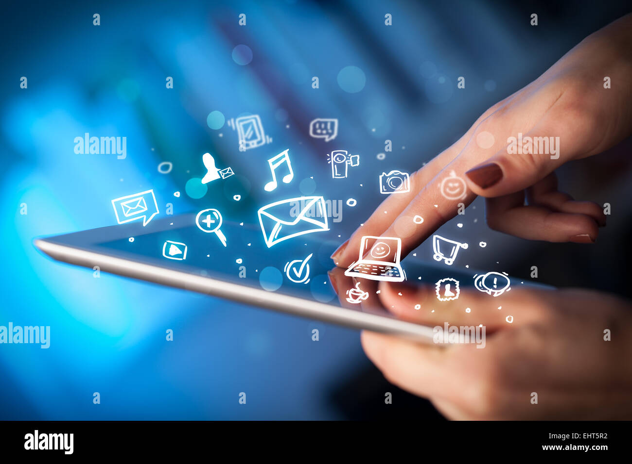 Finger pointing on tablet pc, social media concept Stock Photo - Alamy