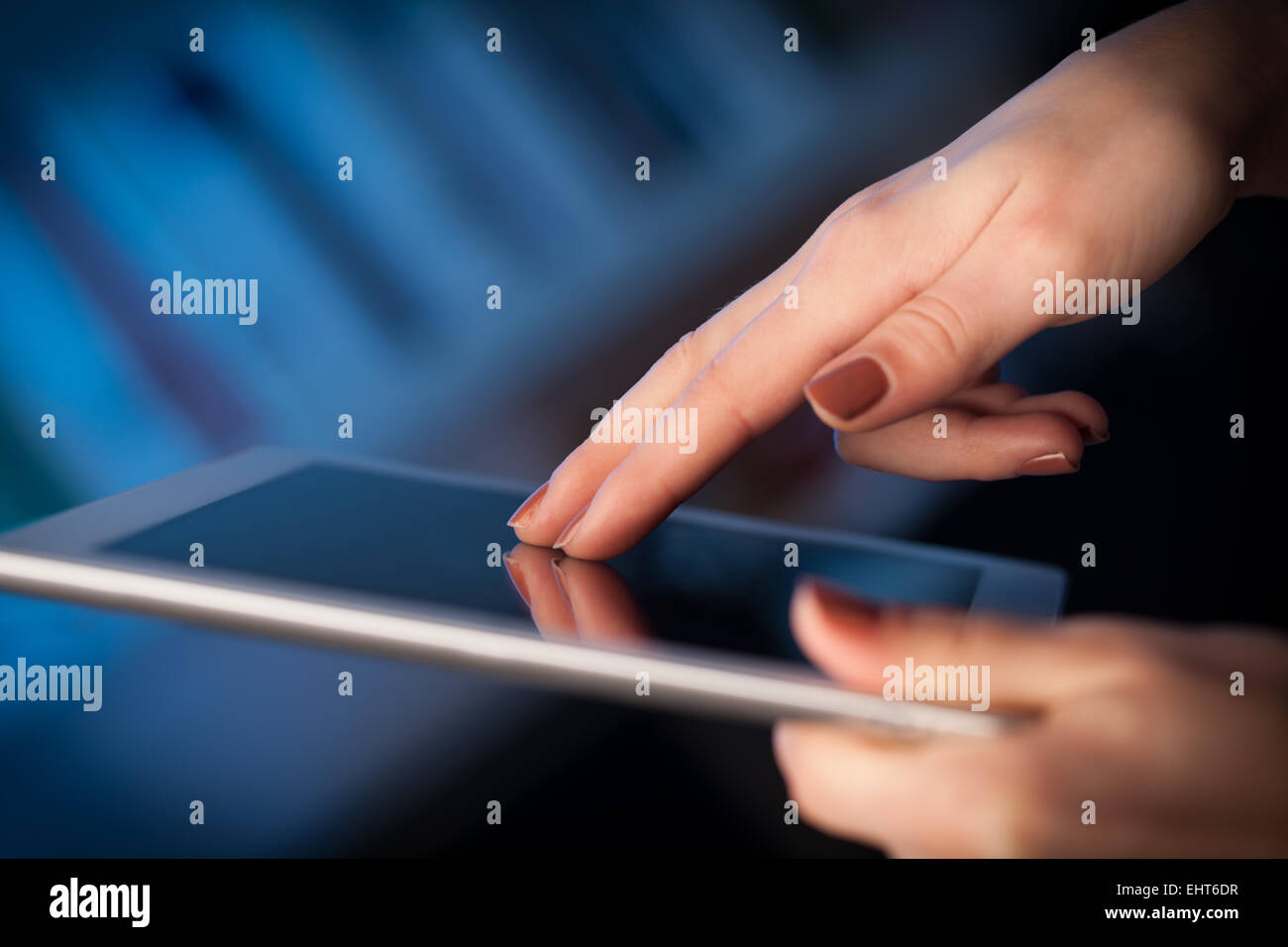 Finger pointing on tablet pc with empty space Stock Photo - Alamy