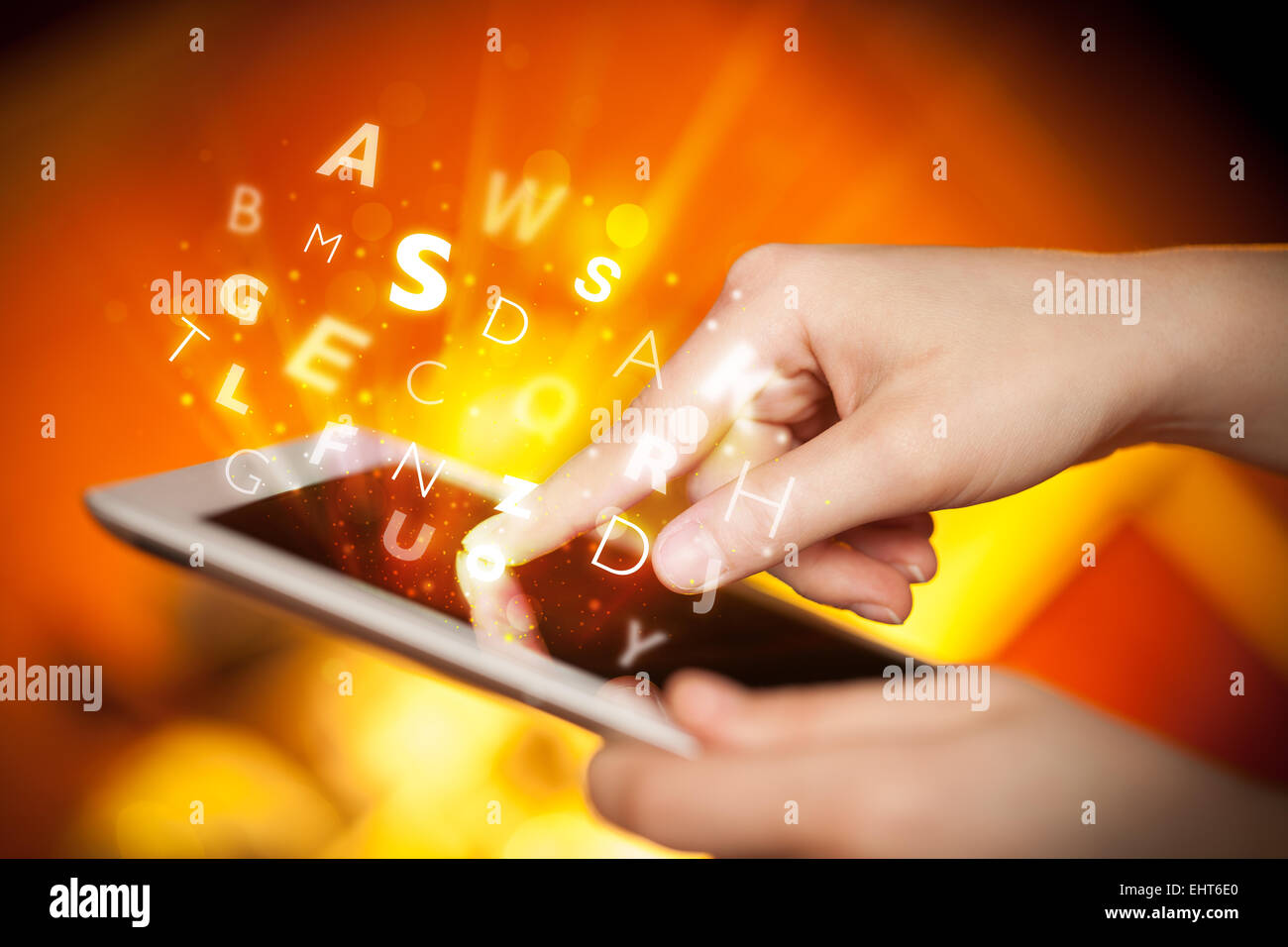 Finger pointing on tablet pc, letters concept Stock Photo - Alamy