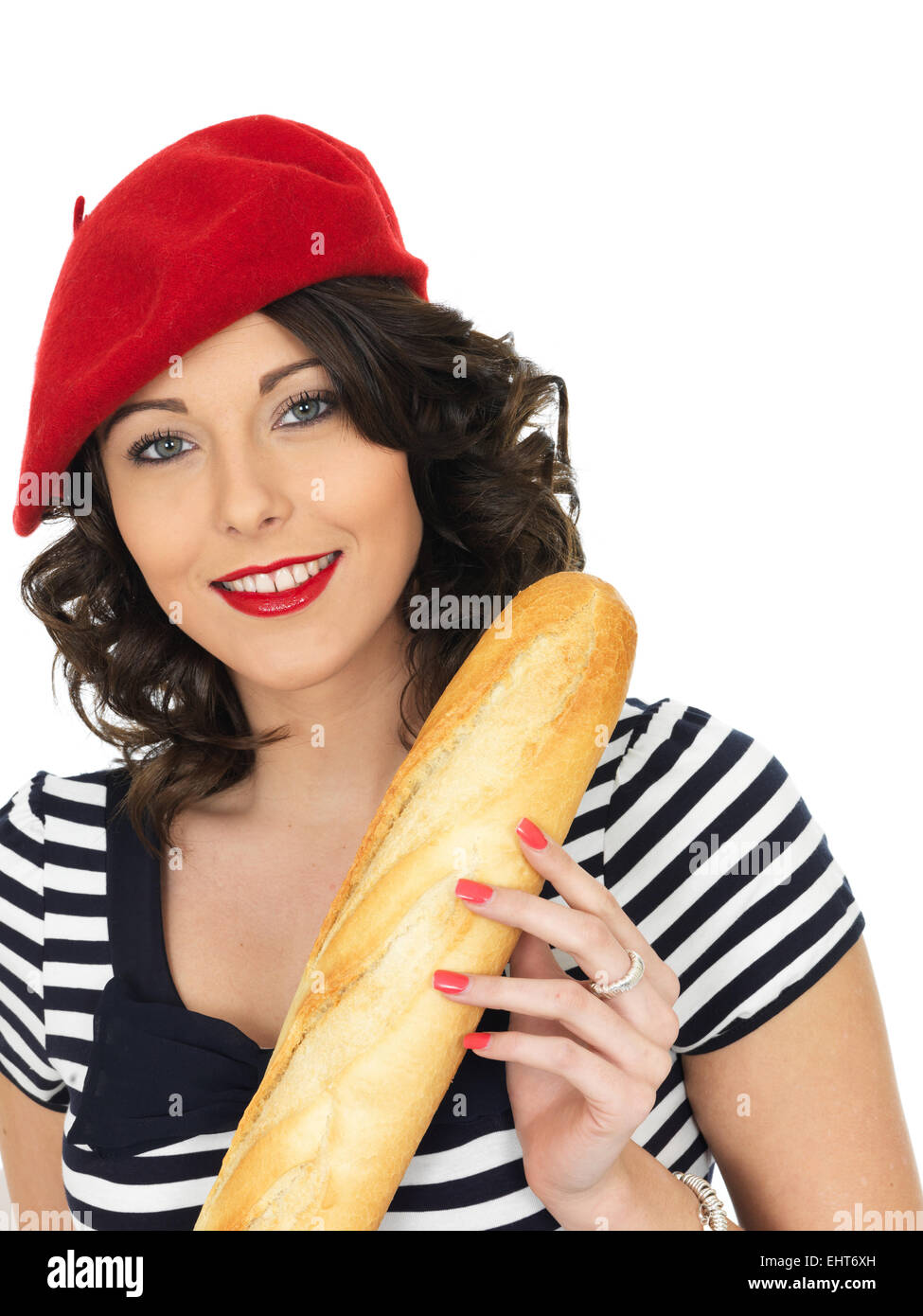 Confident Happy Young Woman Wearing A Red Beret And Striped Top Holding ...