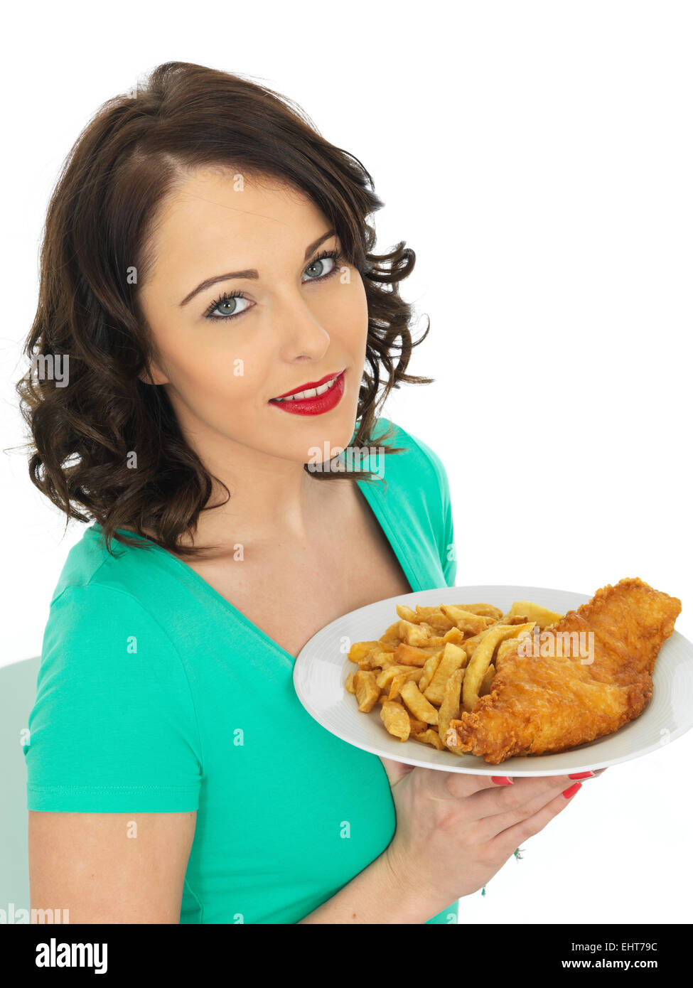Positive Confident Young Woman Eating Traditional Chip Shop Takeaway ...