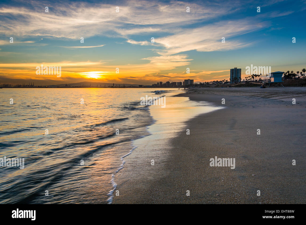 Sunset over the Pacific Ocean, in Long Beach, California Stock Photo ...