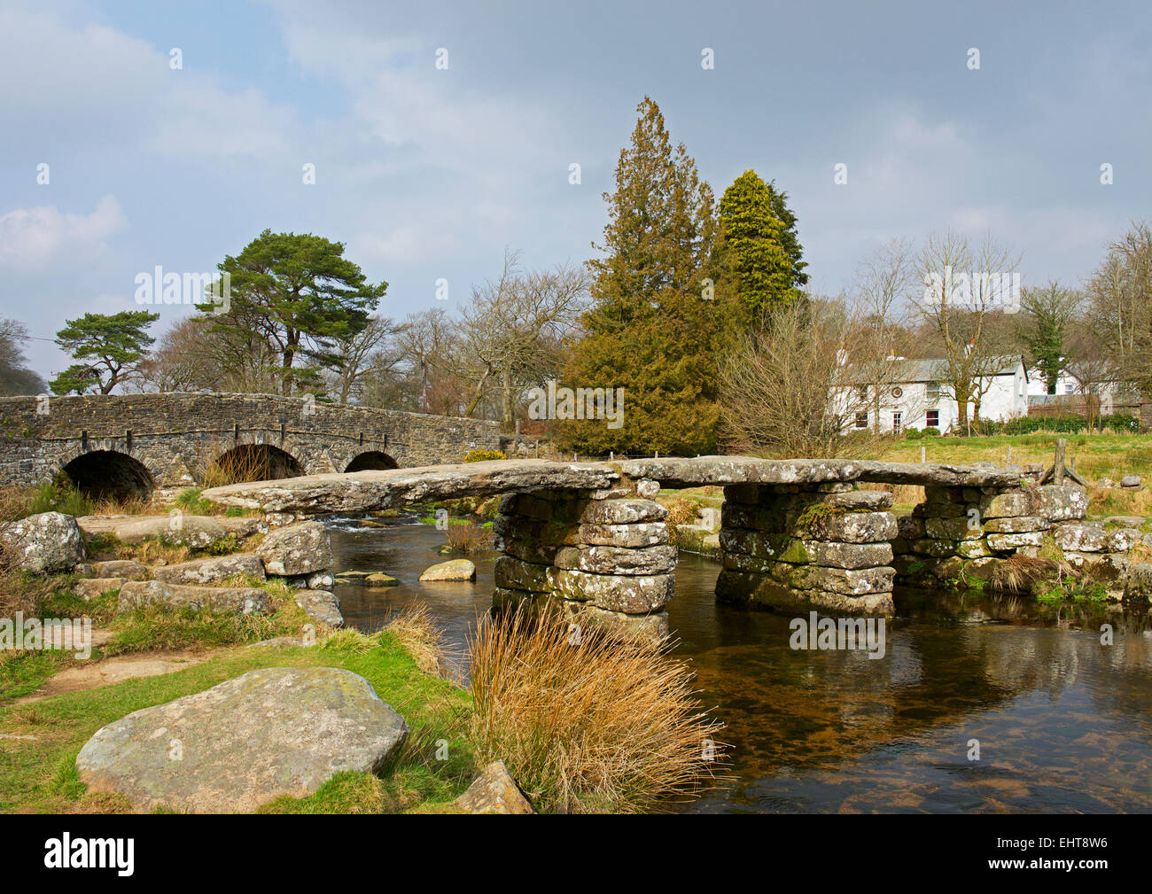 Old clapper bridge at Postbridge, Dartmmor National Park, Devon ...