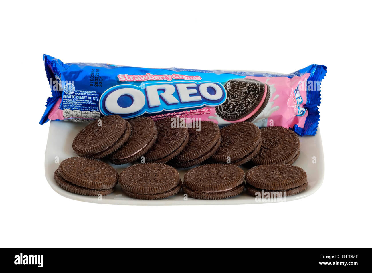 oreo strawberry creme flavoured biscuits from indonesia isolated on a ...