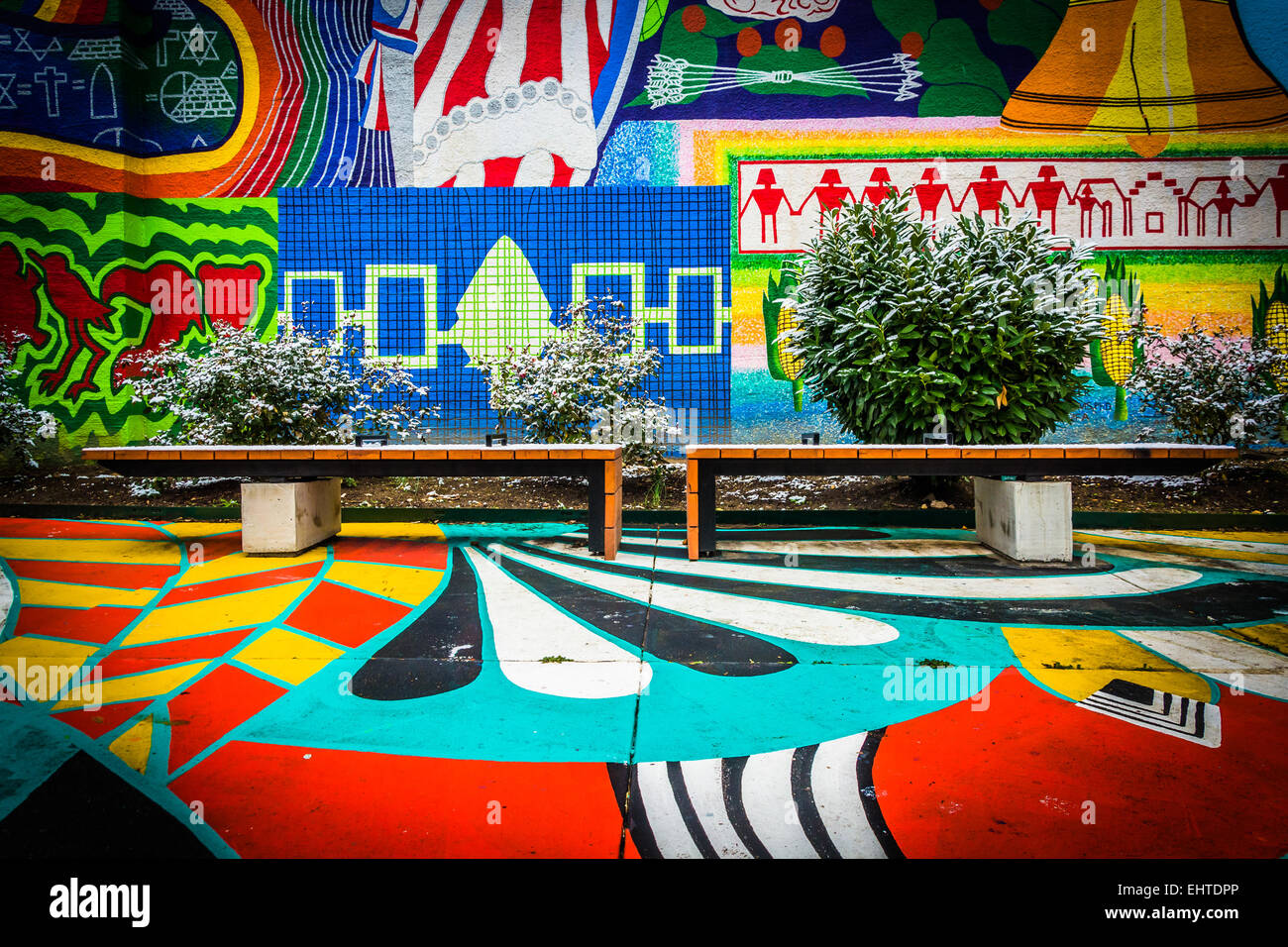 Benches and colorful mural in North Charles, Baltimore, Maryland Stock ...