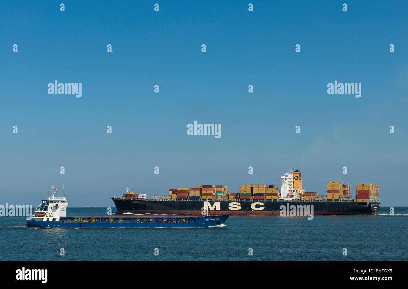 MSC Container ship and smaller ship for the port of Rotterdam near the ...