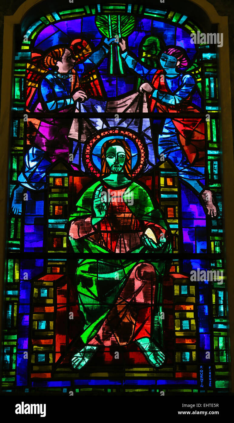 Stained glass window depicting Jesus Christ giving a blessing in the ...