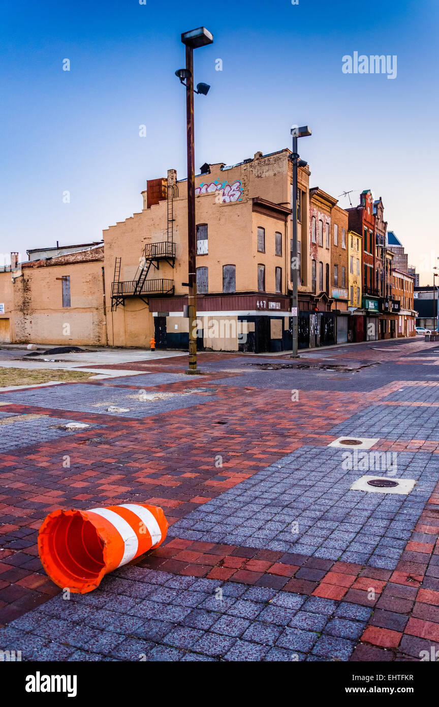 Broken cone and abandoned shops at Old Town Mall, Baltimore, Maryland ...