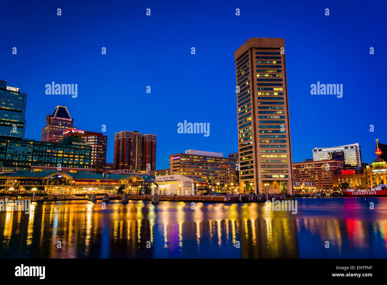 Buildings at the Inner Harbor at night, in Baltimore, Maryland Stock ...